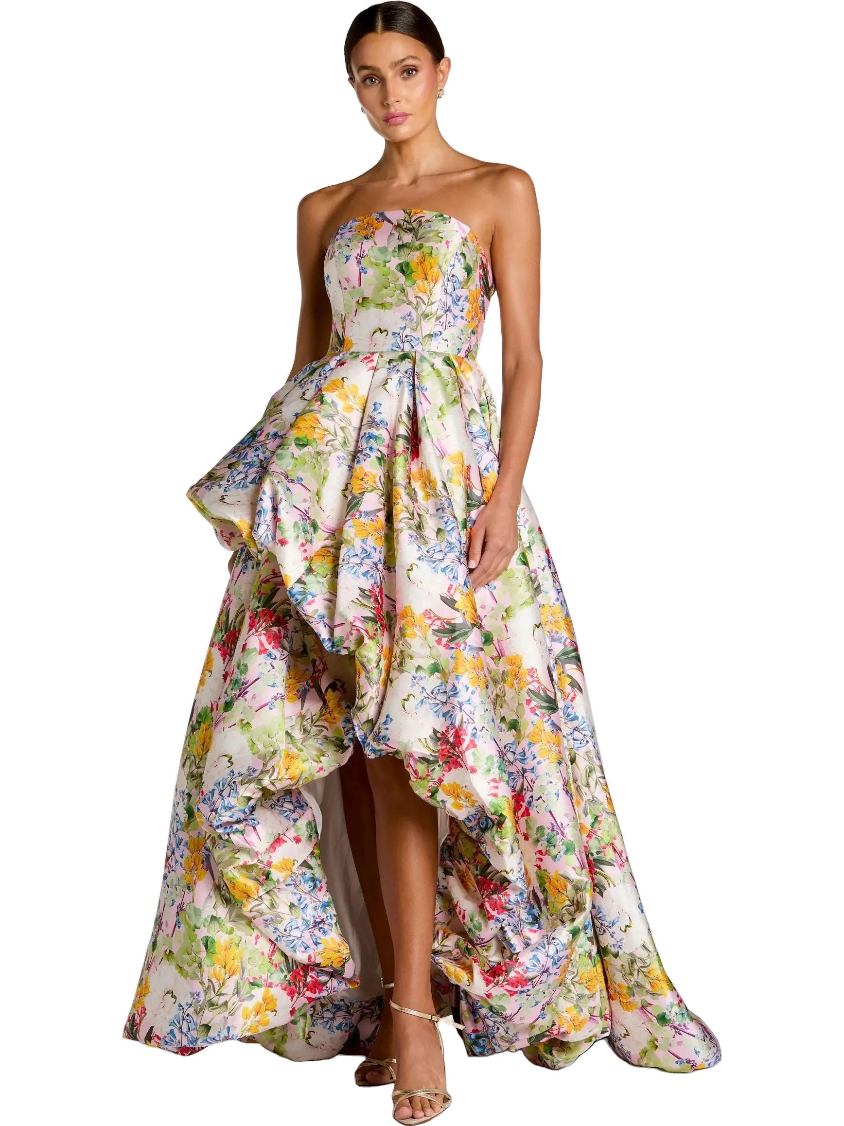 MAC DUGGAL Strapless Floral High-Low Bubble Hem Gown